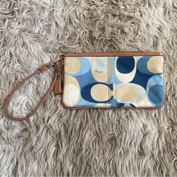 Coach | Bags | Coach Blue Signature Y2k Wristlet Leather Trim | Poshmark